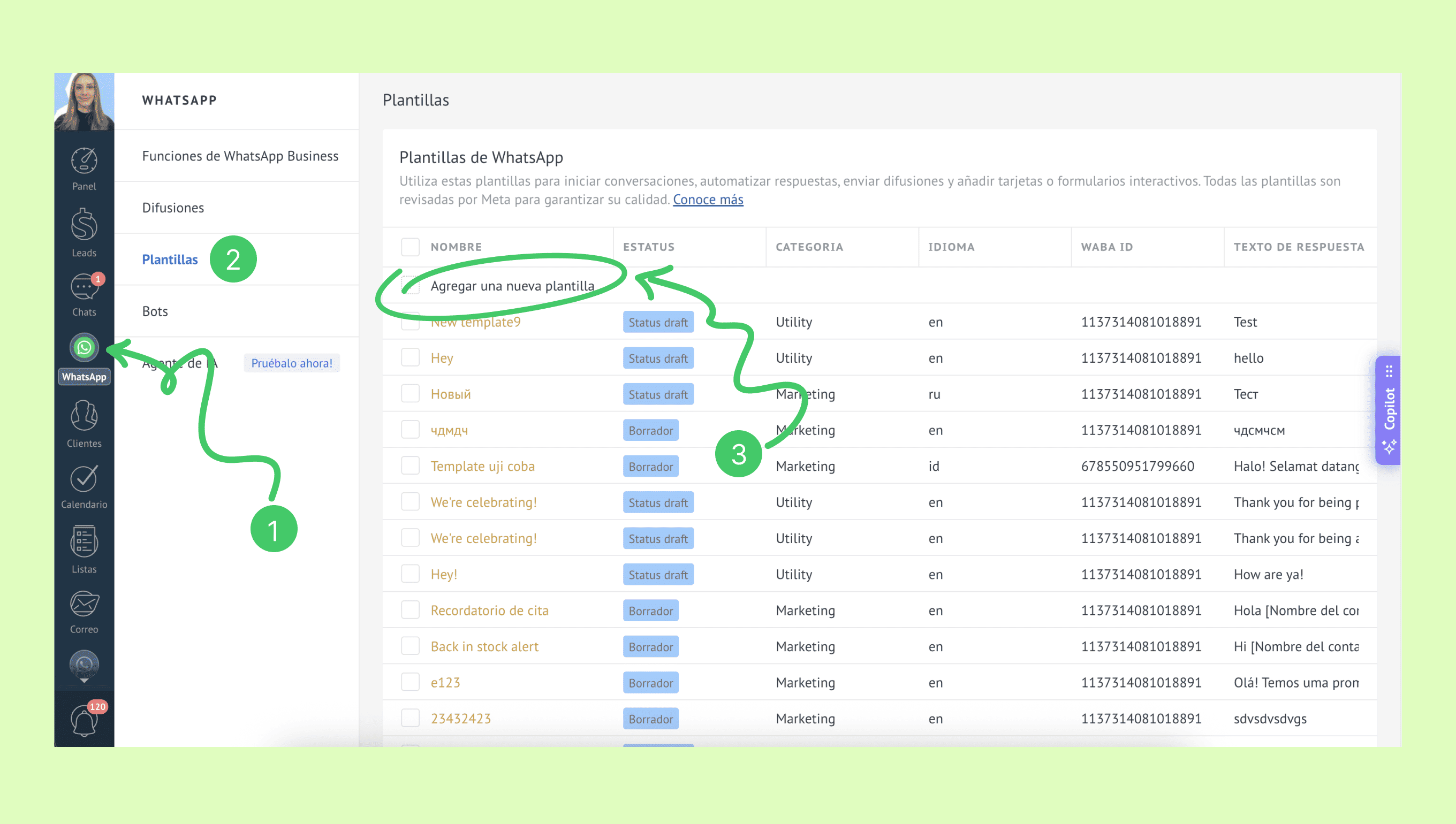 Gestiona plantillas de mensajes de WhatsApp Business — Kommo