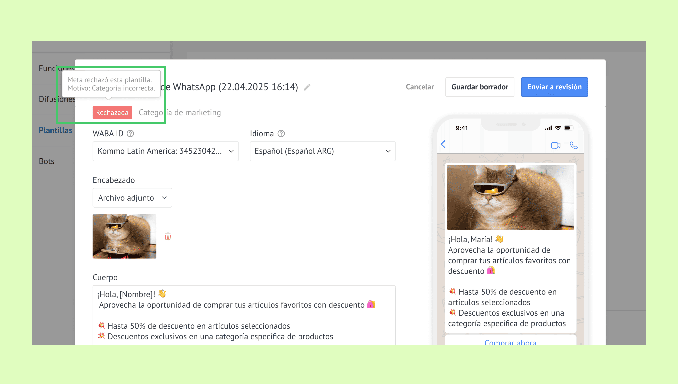 Gestiona plantillas de mensajes de WhatsApp Business — Kommo